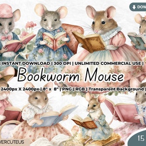 Bookworm Mouse Clipart, Bookworm Reading Watercolor Clipart, Library ...