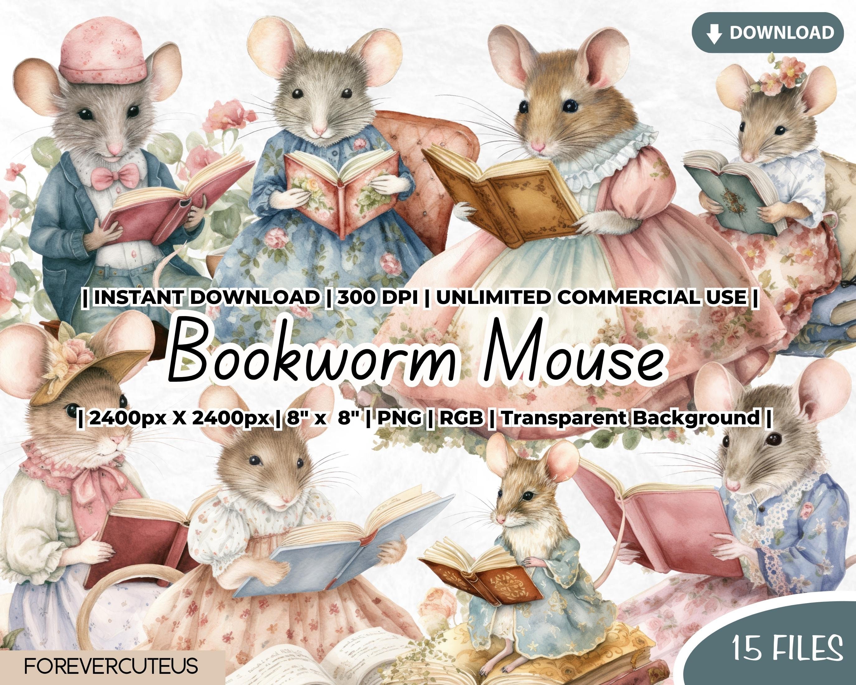 Bookworm Mouse Clipart, Bookworm Reading Watercolor Clipart, Library ...