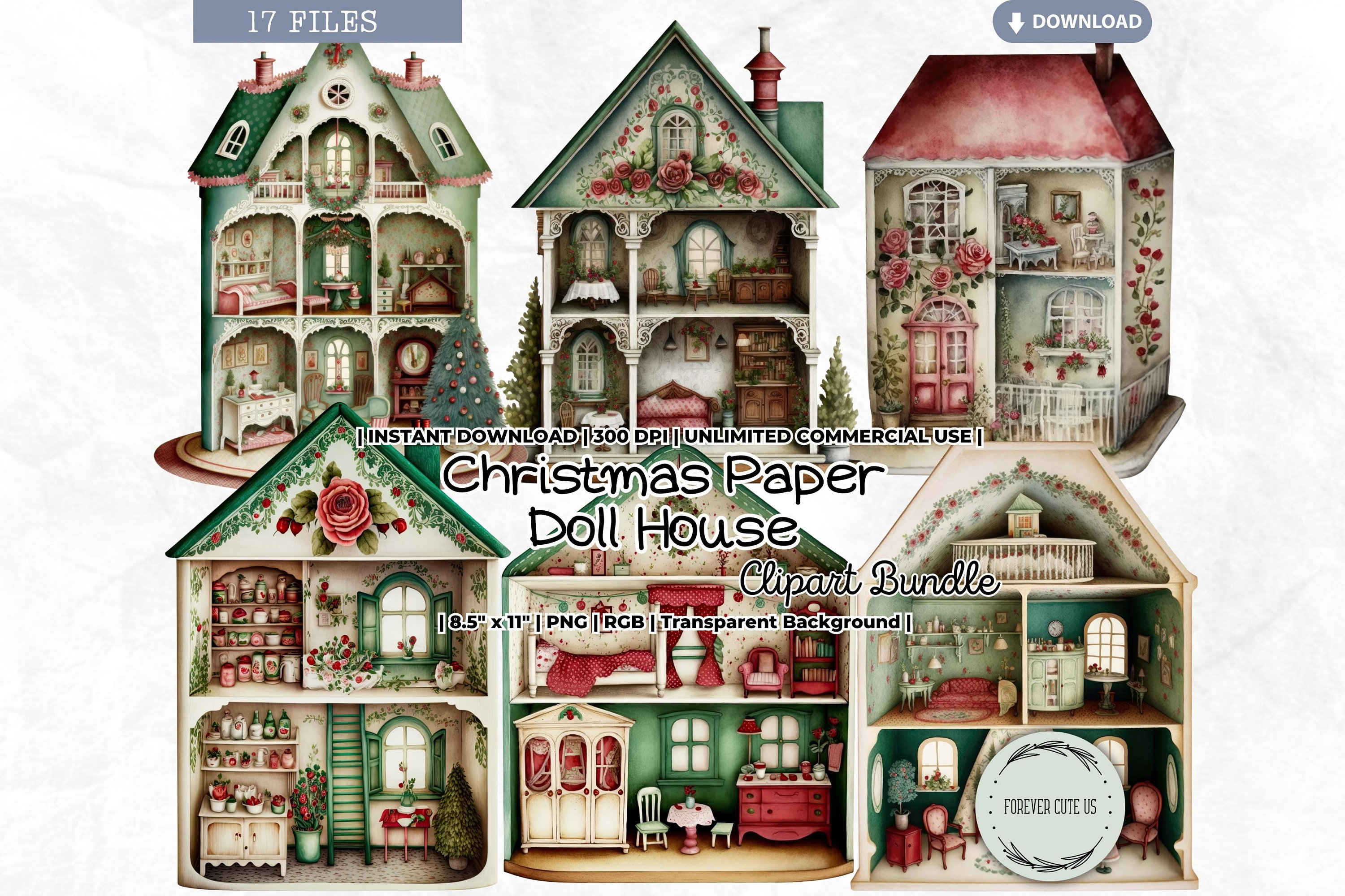 Christmas Paper Doll House Clipart Bundle, Furniture, Dollhouse ...
