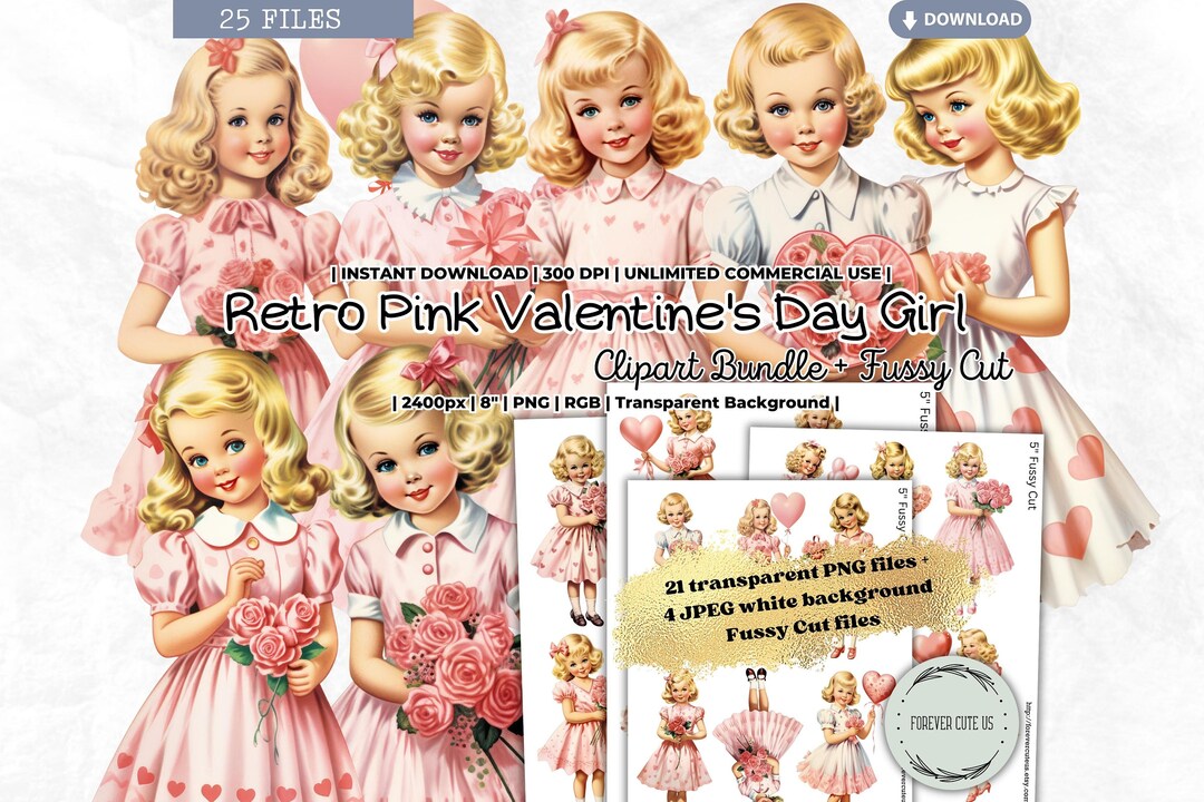 Retro Pink Valentine's Day Girl Clipart Set, Vintage, Anniversary, Love ...