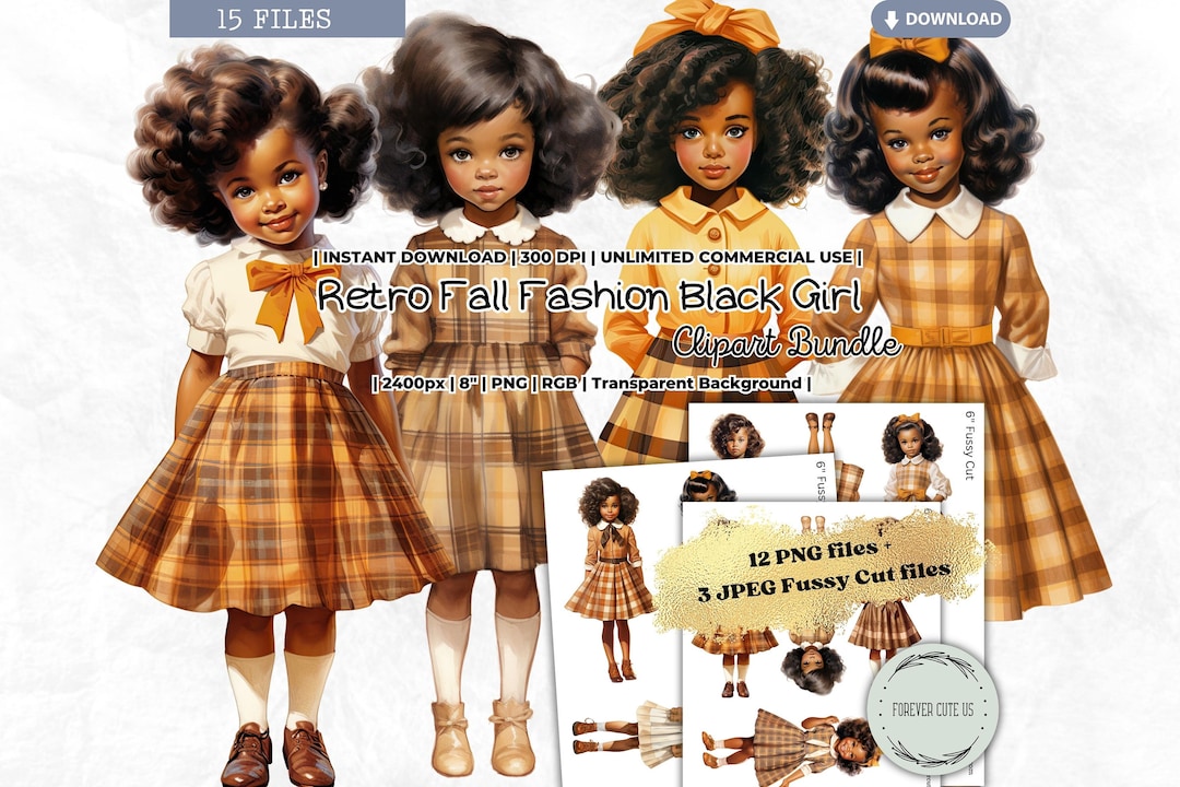 Retro Fall Fashion Black Girl Clipart Bundle, Autumn, Thanksgiving ...