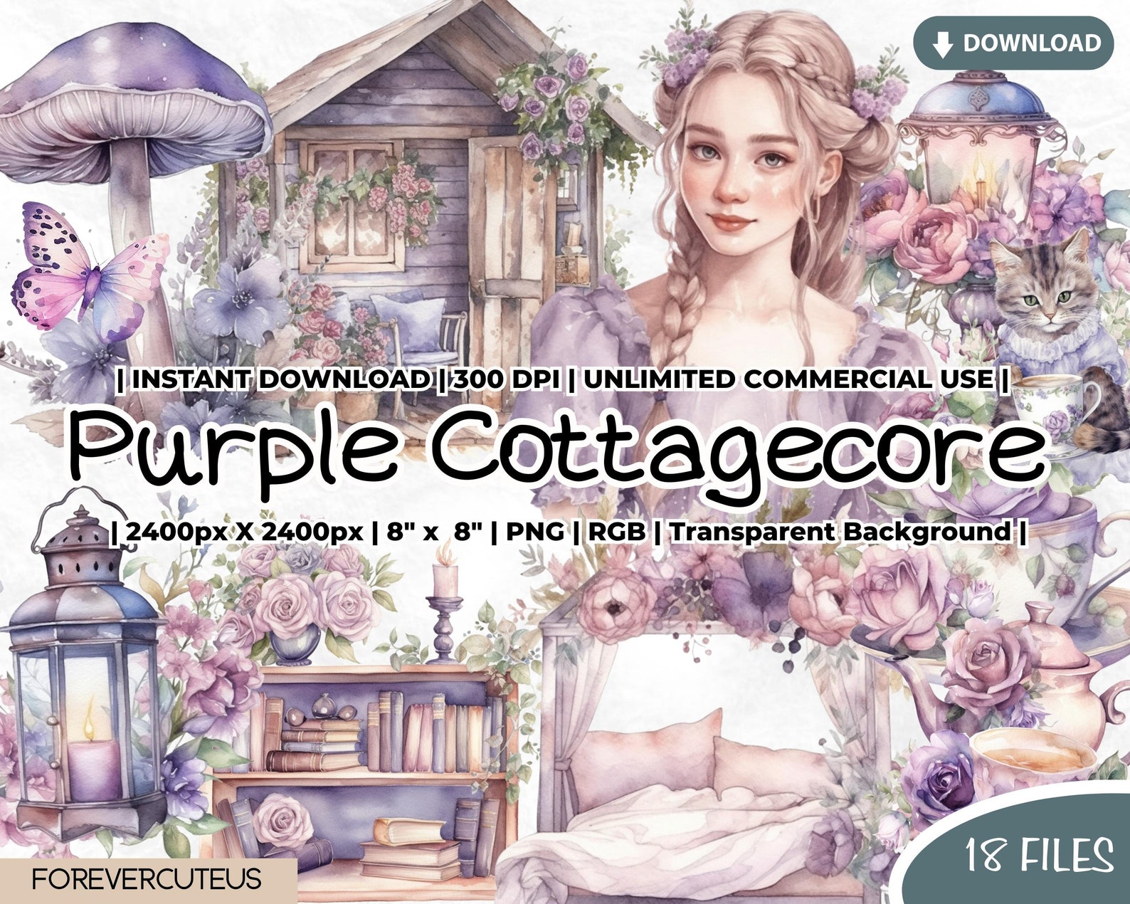 Purple Cottagecore Clipart Bookworm Reading Clipart Garden - Etsy