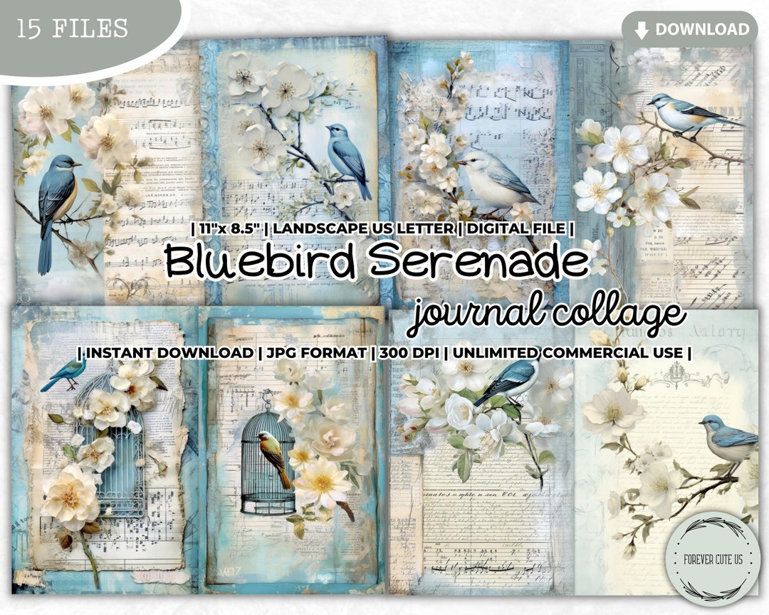 Bluebird Serenade Junk Journal Collage Sheet, Bird, Garden, Bird ...
