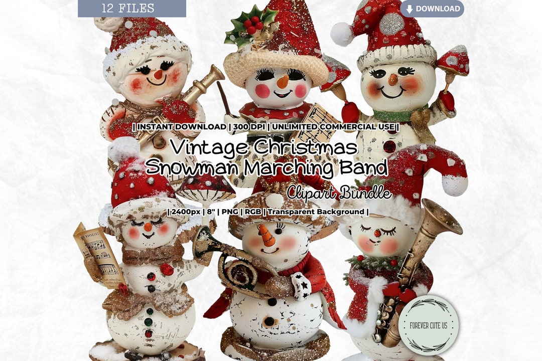 Vintage Christmas Snowman Marching Band Clipart, Retro, Nostalgic ...