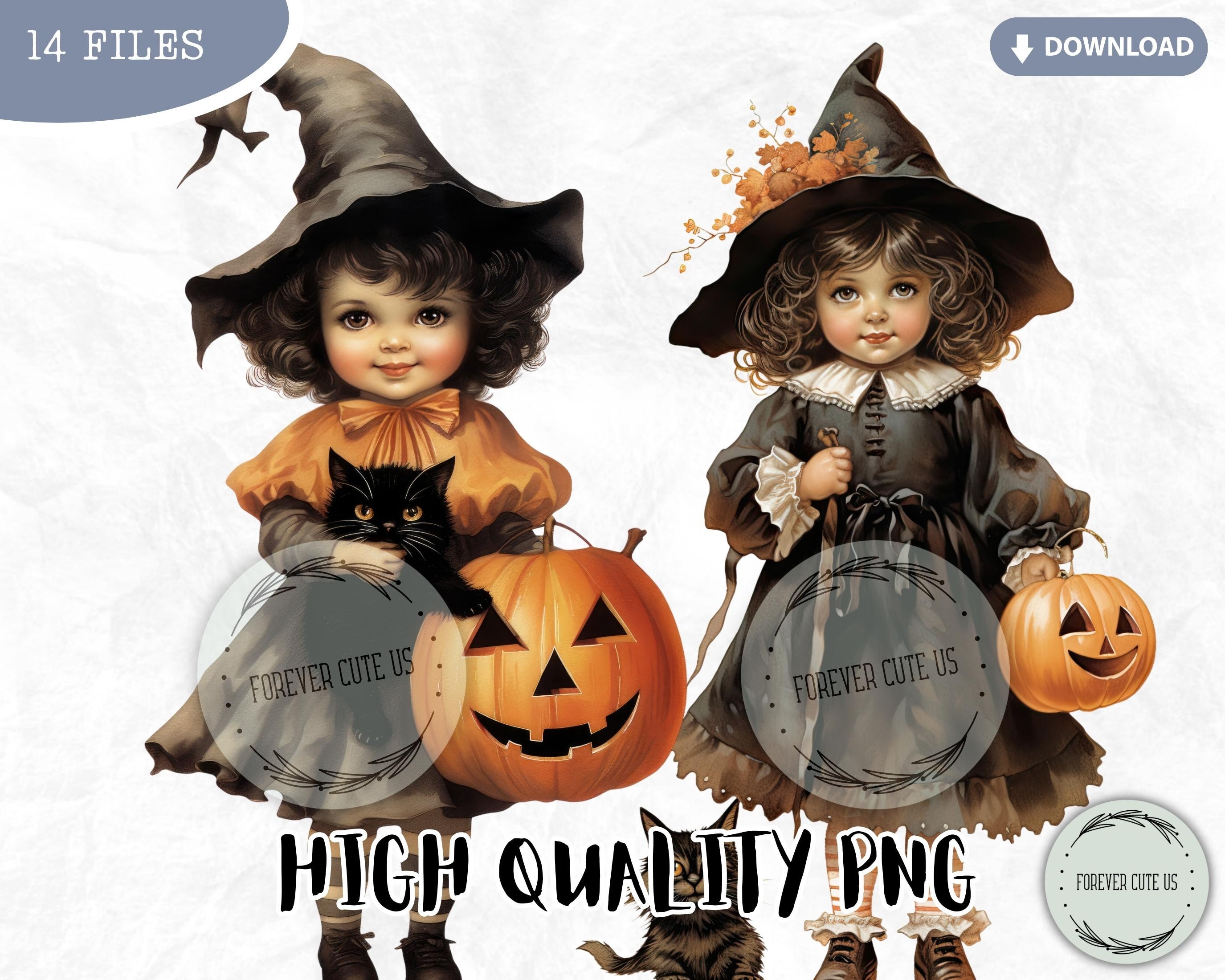 Vintage Little Witch Clipart Bundle Black Cat Little Girl - Etsy