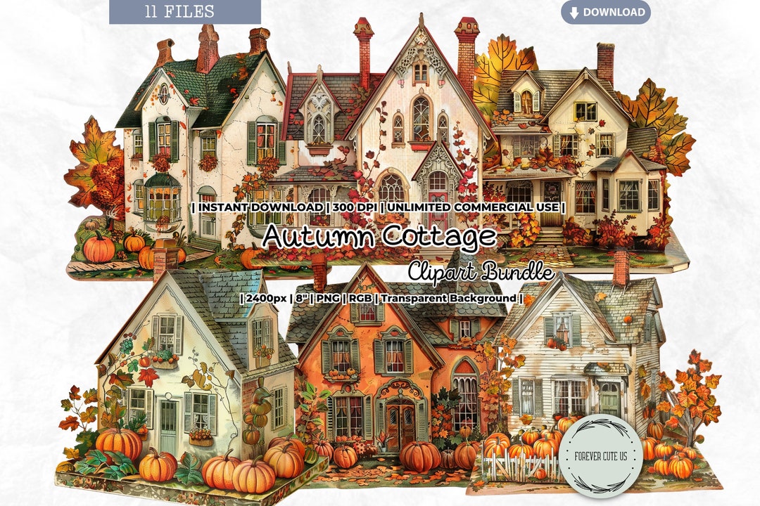 Autumn Cottage Clipart, Retro, Vintage, Fall, Thanksgiving, Pumpkins ...