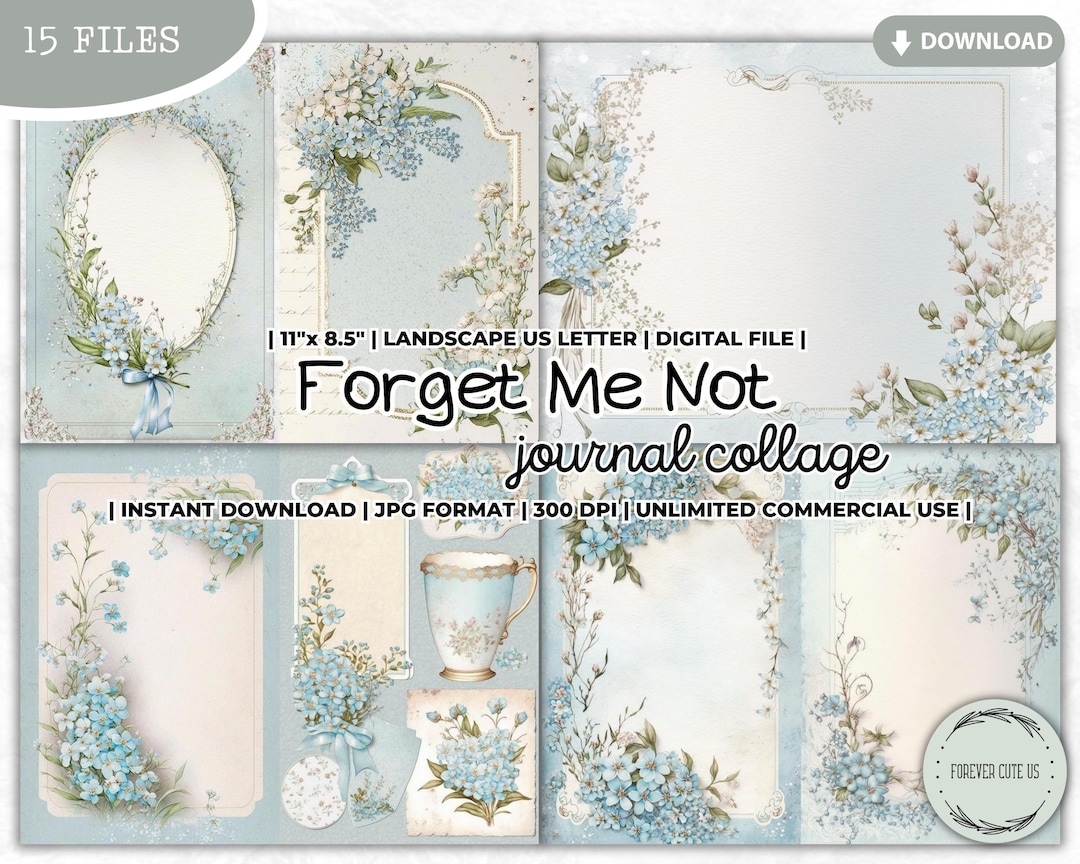 Forget Me Not Junk Journal Collage Sheet, Shabby Chic, Flower, Florals ...