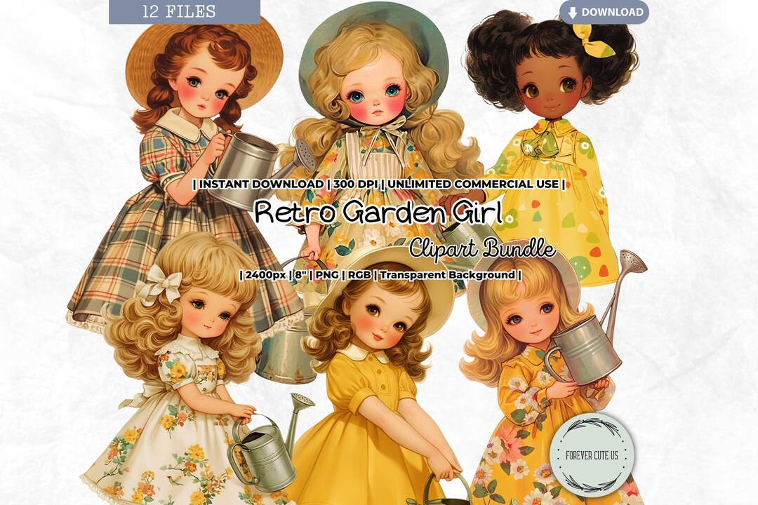Retro Garden Girl Clipart, Grow Plant, Gardener, Farmer, Green Thumb ...