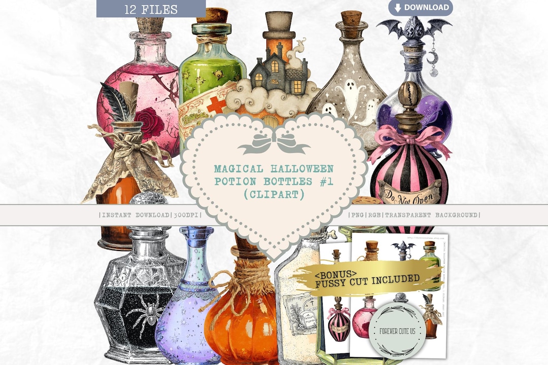 Magical Halloween Potion Bottles Clipart Set, Apothecary Labels, Witch ...