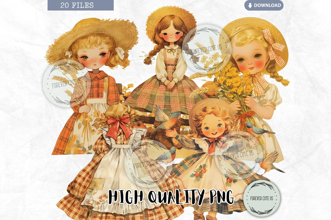 Vintage Happy Fall Girl Clipart, Scarecrow, Autumn Harvest Watercolor ...