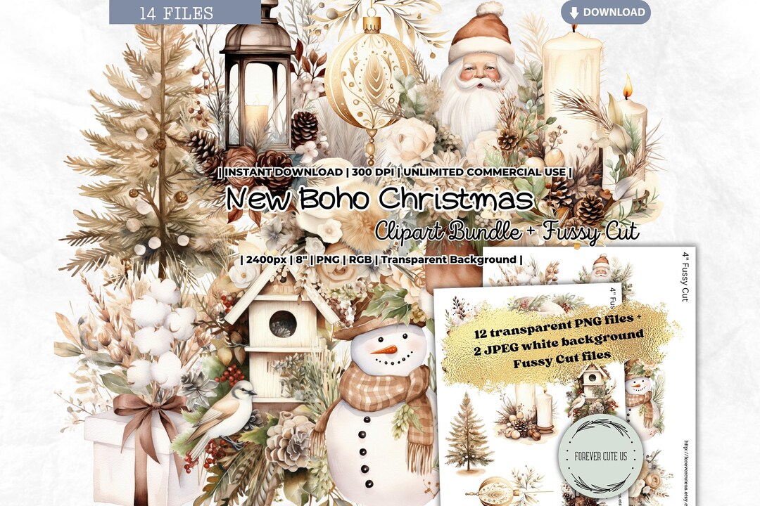 New Boho Christmas Clipart Set, Winter, Holidays, Cozy, Cottagecore ...