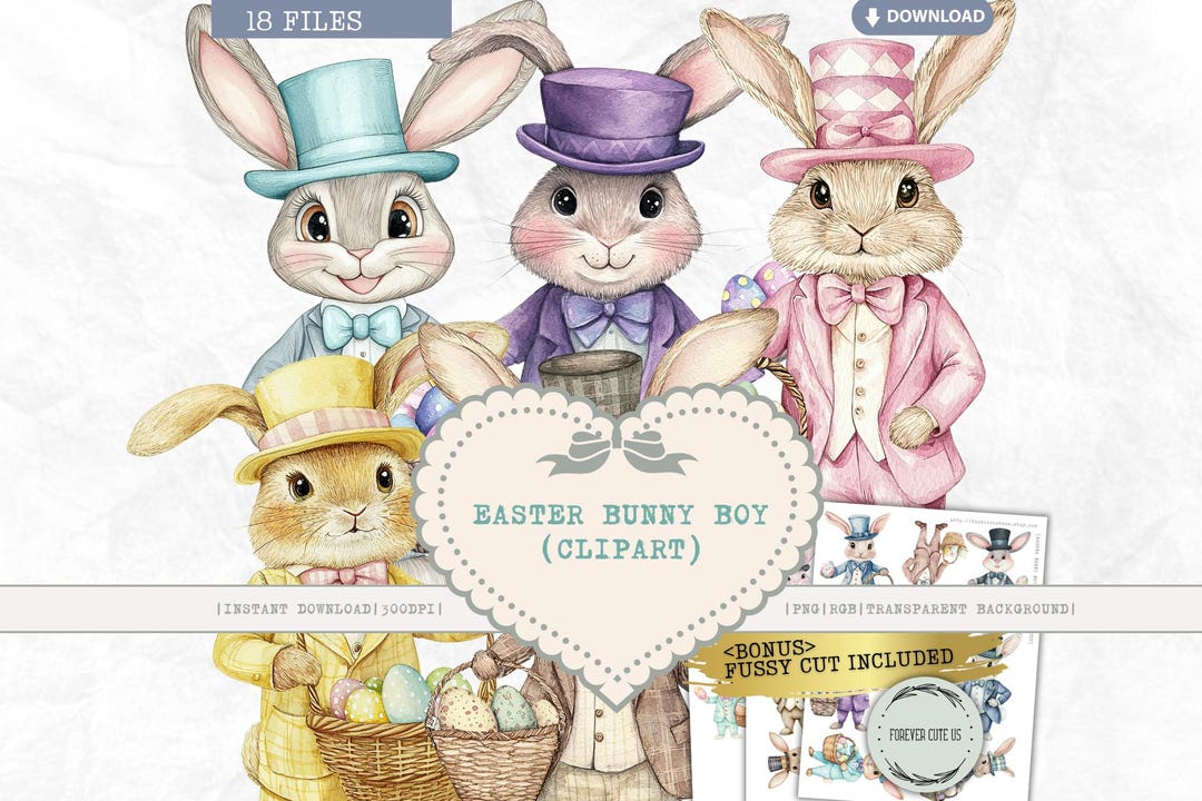 Easter Bunny Boy Clipart, Cute Easter Bunny, Vintage Retro, Easter Egg ...