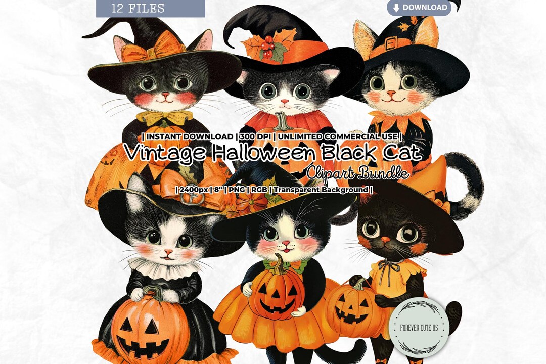 Vintage Halloween Black Cat Clipart, Witch, Pumpkin, Trick or Treat ...