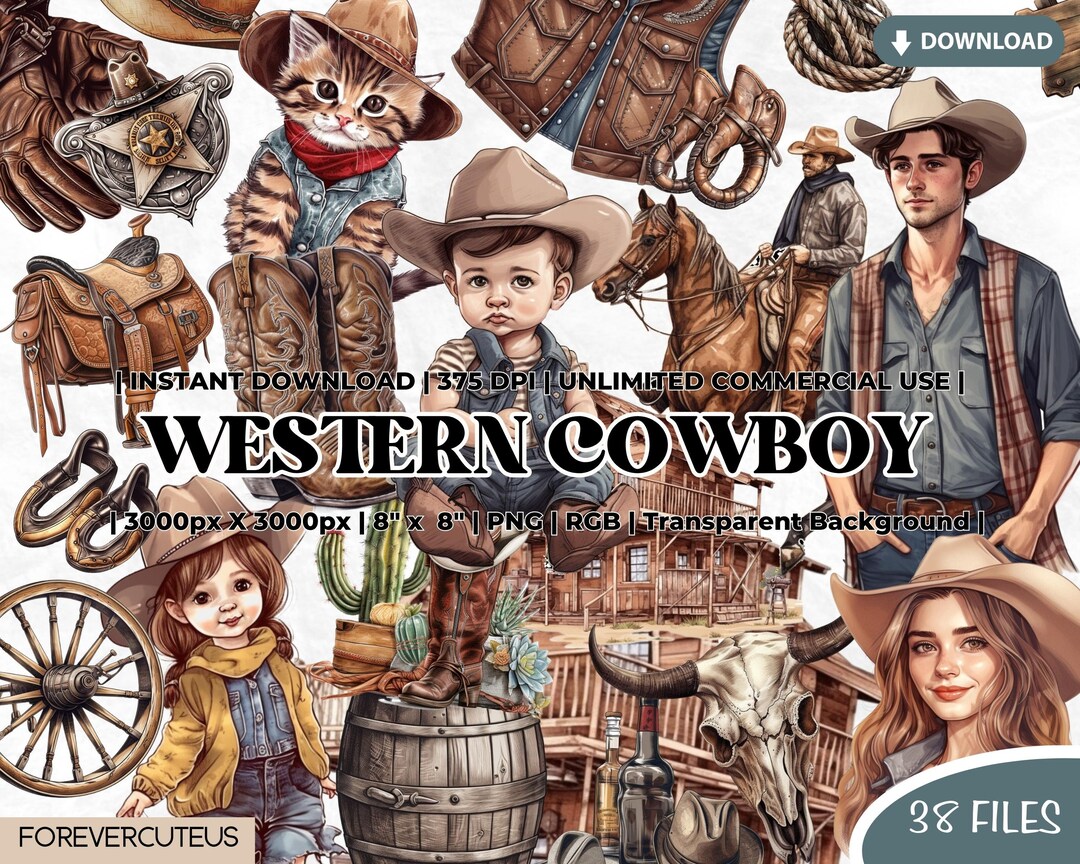 Western Cowboy Clipart, Watercolor Cowboy PNG, Cowboy Hat, Cowboy Boots ...