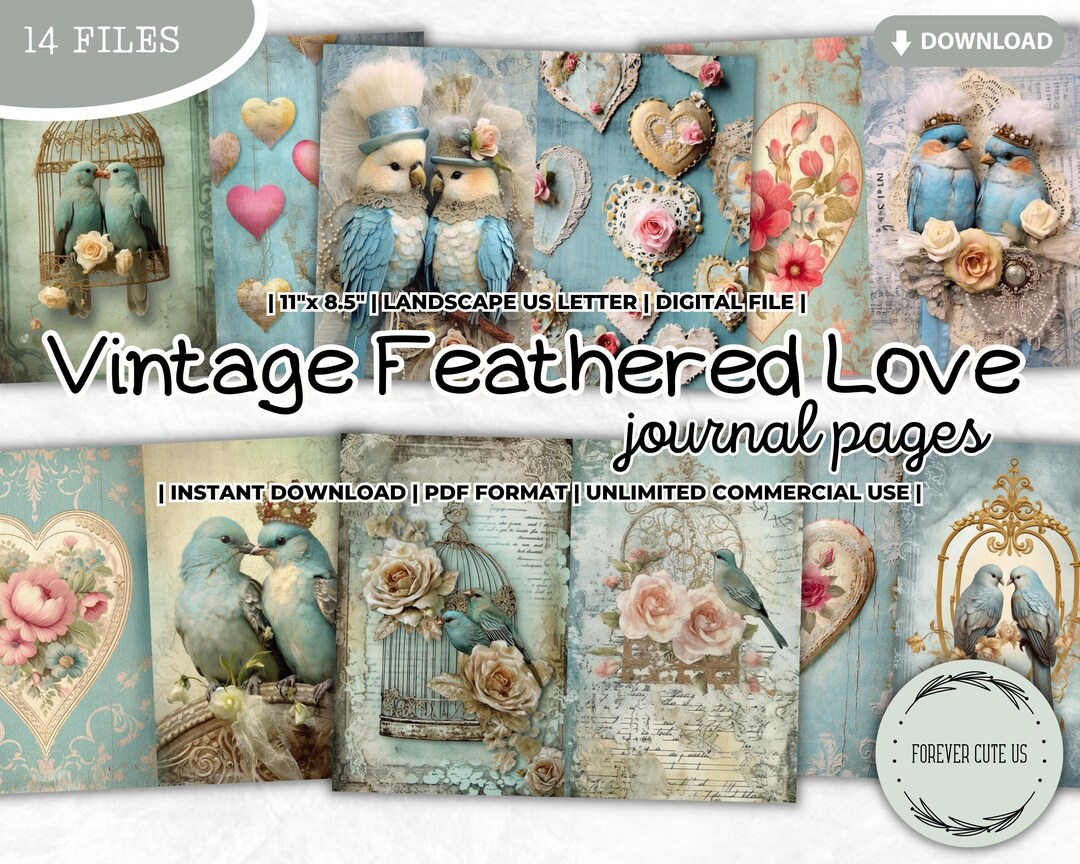 Vintage Feathered Love Journal Pages, Love Bird, Bird Couple, Valentine ...