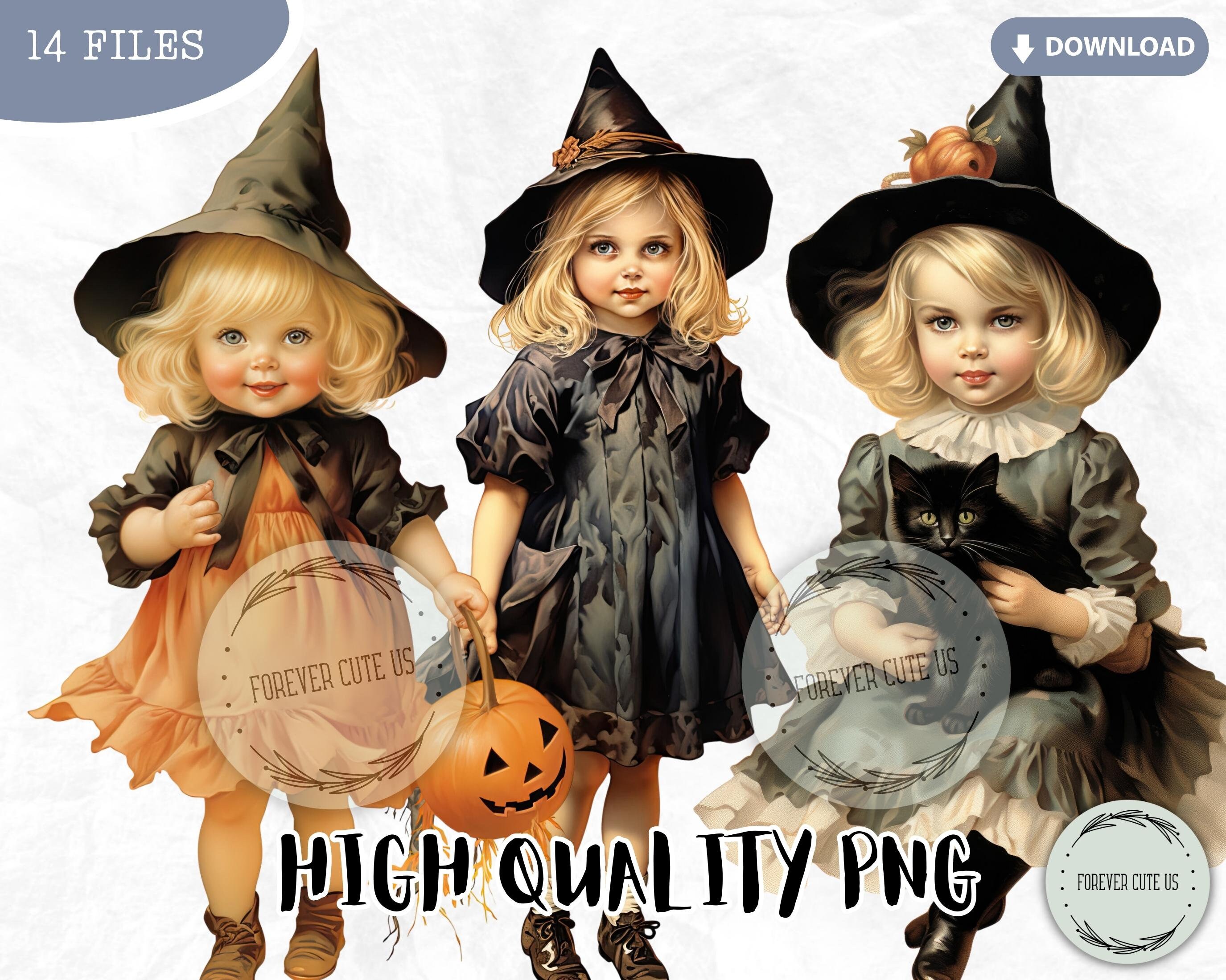 Vintage Little Witch Clipart Bundle Black Cat Little Girl - Etsy