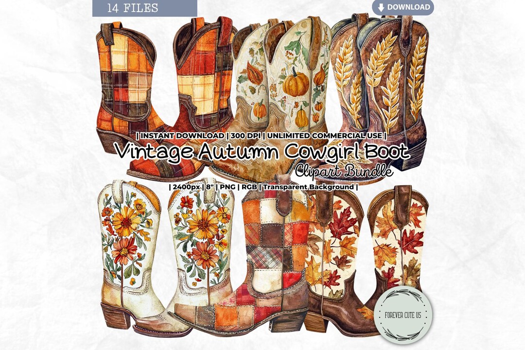 Vintage Autumn Cowgirl Boot Clipart, Fall Cowboy Boots, Western, Howdy ...