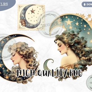 Vintage Moon Goddess Clipart, Moon Motifs, Moonlight, Star, Victorian ...