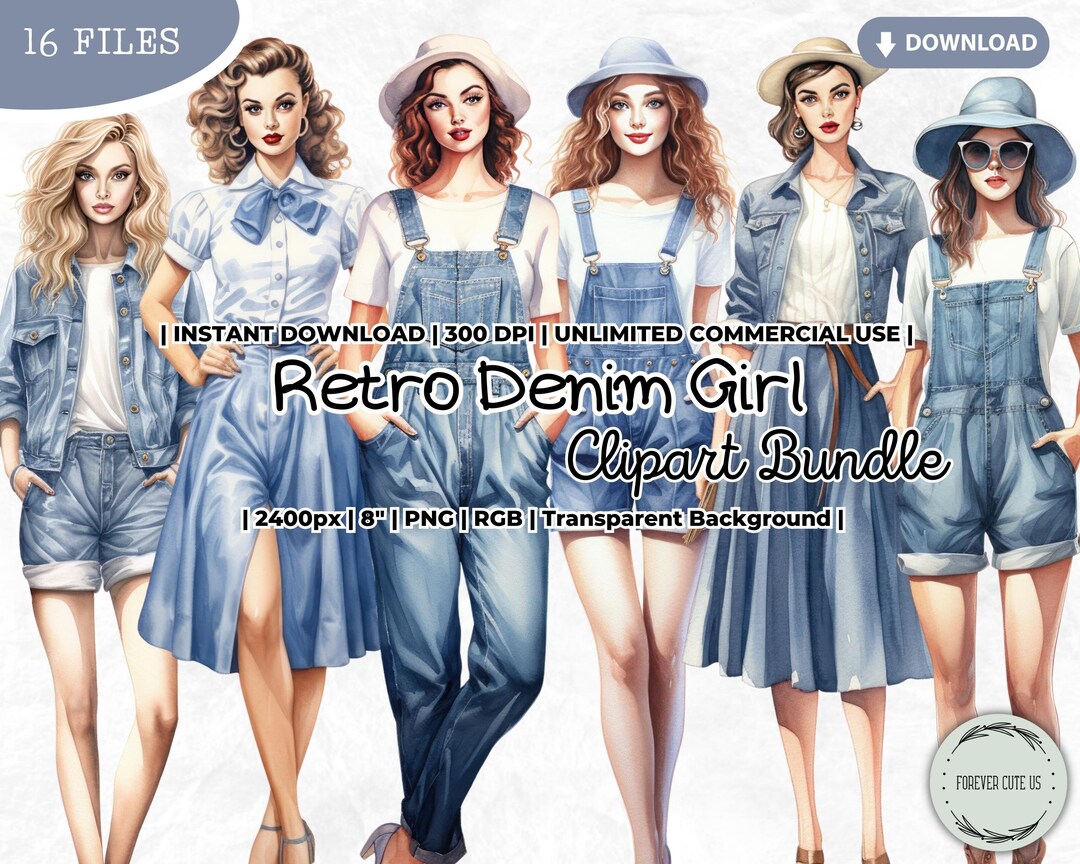 Retro Denim Girl Clipart Set, Autumn, Jean, Shorts, Skirt, Shortall ...