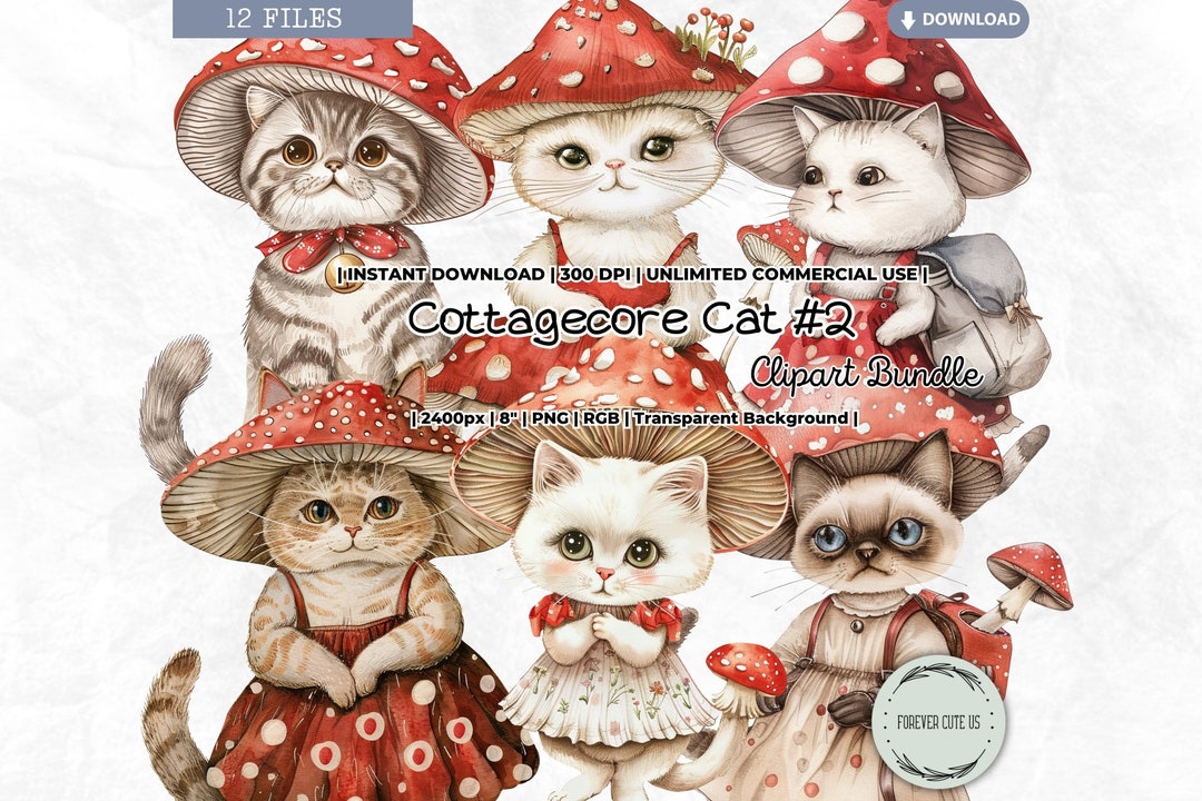 Cottagecore Cat Clipart, Kitten, Kitty, Mushroom, Fungi, Toadstool ...