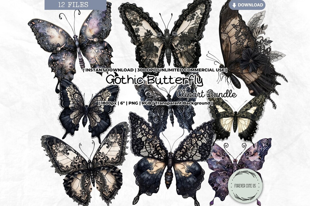 Gothic Butterfly Clipart, Watercolor, Black, Dark, Goth, Brooch, Lace ...
