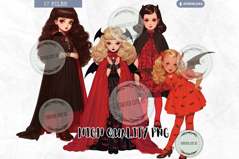 Halloween Vampire Girl Clipart Bundle, Vintage Goth, Retro Devil, Dark ...