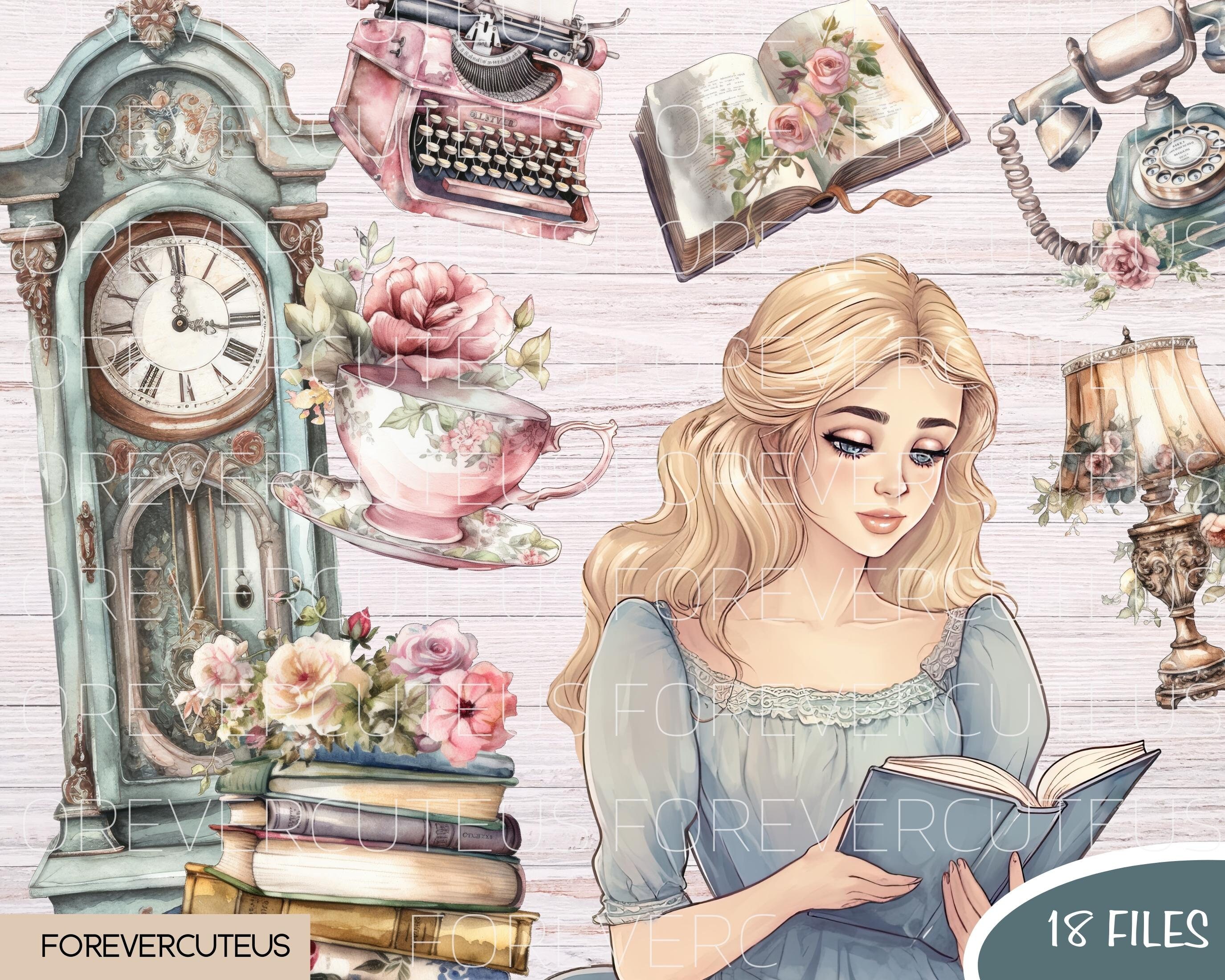 Cottagecore Bookworm Girl Clipart, Bookworm Reading Watercolor Clipart ...