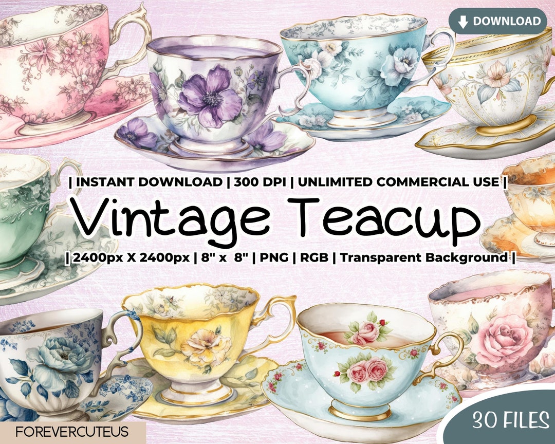 Vintage Teacup Watercolor Clipart, Pastel Clipart, Teacup Graphic ...