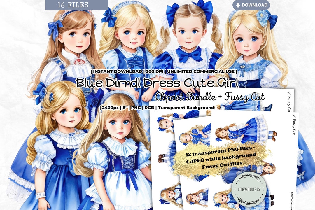 Blue Dirndl Dress Cute Girl Clipart Set, Traditional German ...