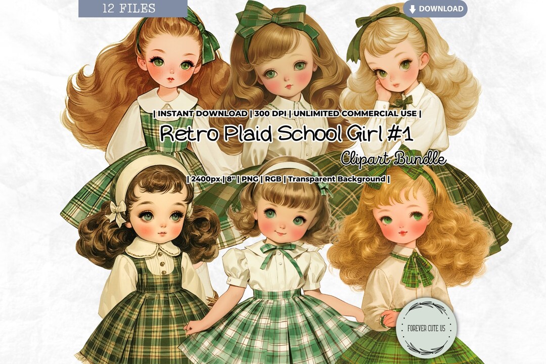 Retro Plaid School Girl Clipart, Green Plaid Dress, Student, Preppy ...