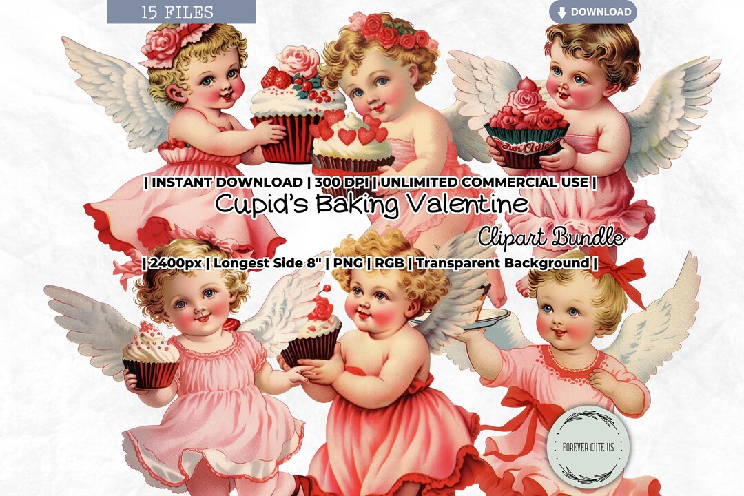 Cupid Baking Valentine Clipart Set, Valentine's Day, Cupcake, Angel ...