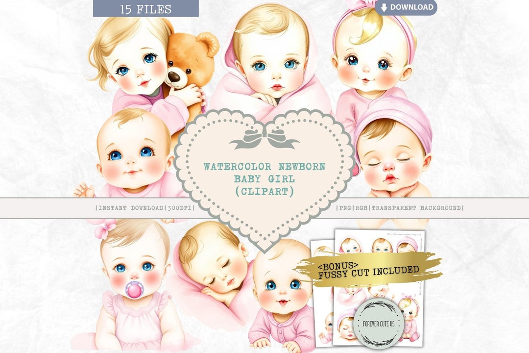 Watercolor Newborn Baby Girl Clipart, Baby Shower, Nursery, Gender ...