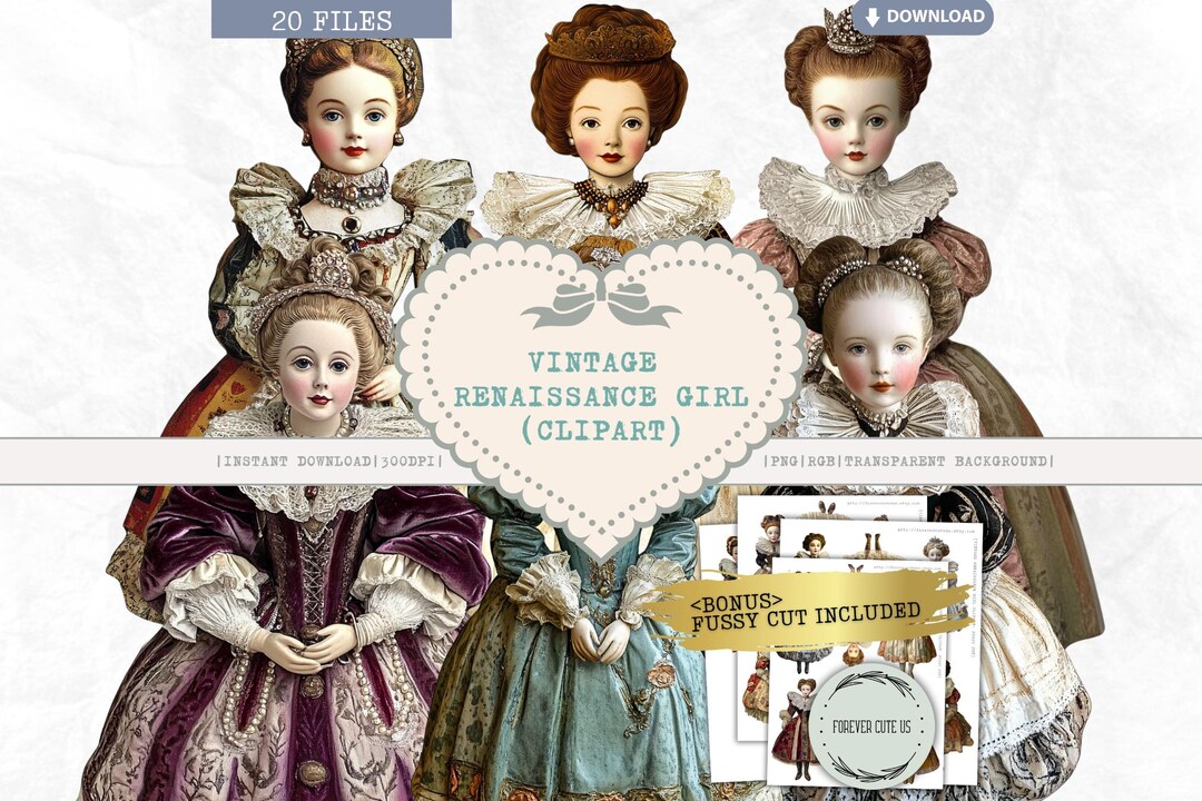 Vintage Renaissance Girl Clipart PNG, Royal Fashion Doll Printable ...