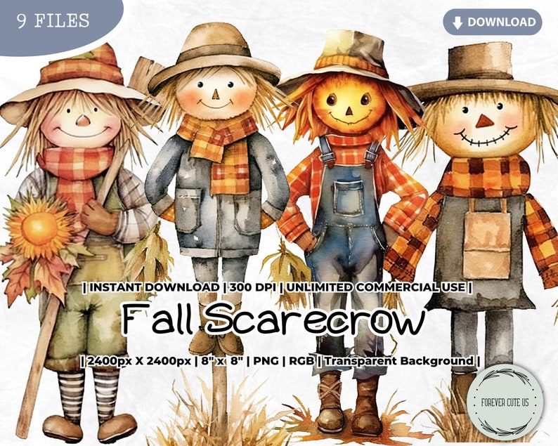 Fall Scarecrow Clipart Autumn Harvest Watercolor - Etsy