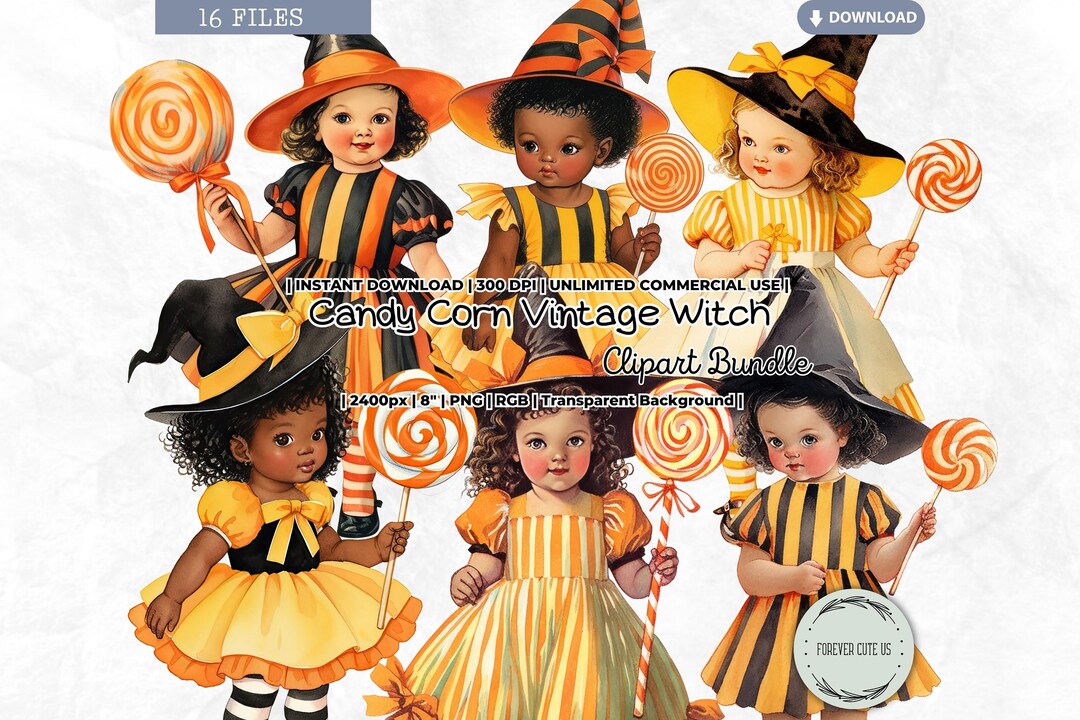 Candy Corn Vintage Witch Clipart Bundle, Retro, Halloween, Black Girl ...