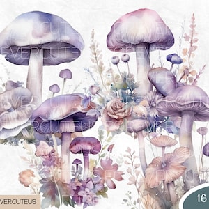 Purple Mushroom Clipart, Watercolor Mushrooms Clipart, Instant Download ...