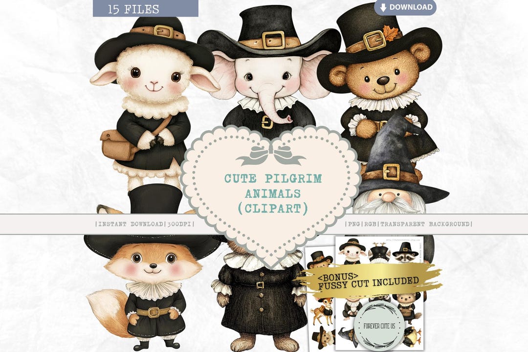 Cute Pilgrim Animals Clipart, Retro, Vintage, Woodland, Nursery, Fall ...