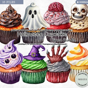 Halloween Cupcake Clipart Set, Witch, Spooky, Spider, Bat, Ghost, Mummy ...