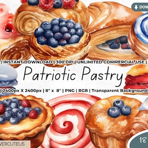 Patriotic Pastry Clipart, Watercolor, Danish Pastry, Croissant ...