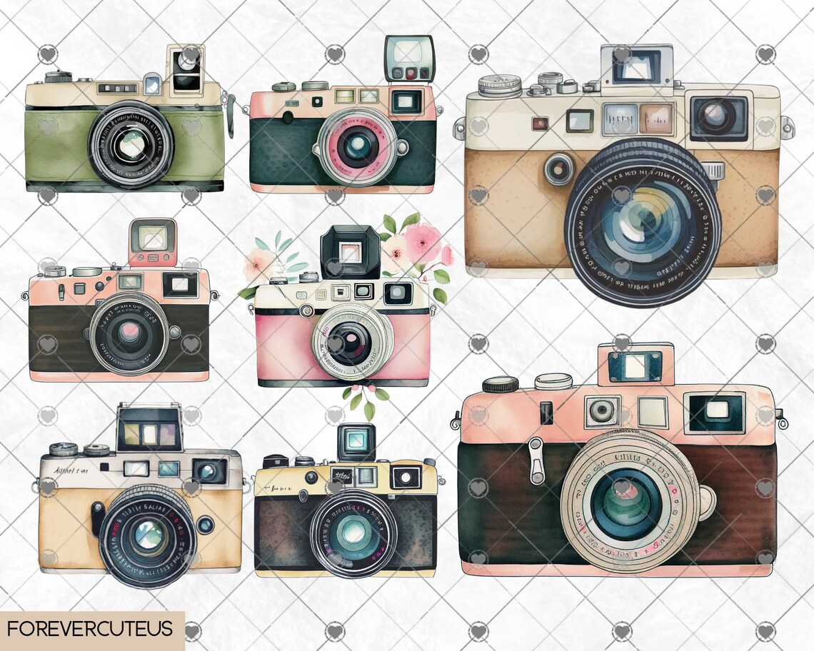 Retro Camera Clipart Vintage Camera Clipart Watercolor Retro - Etsy