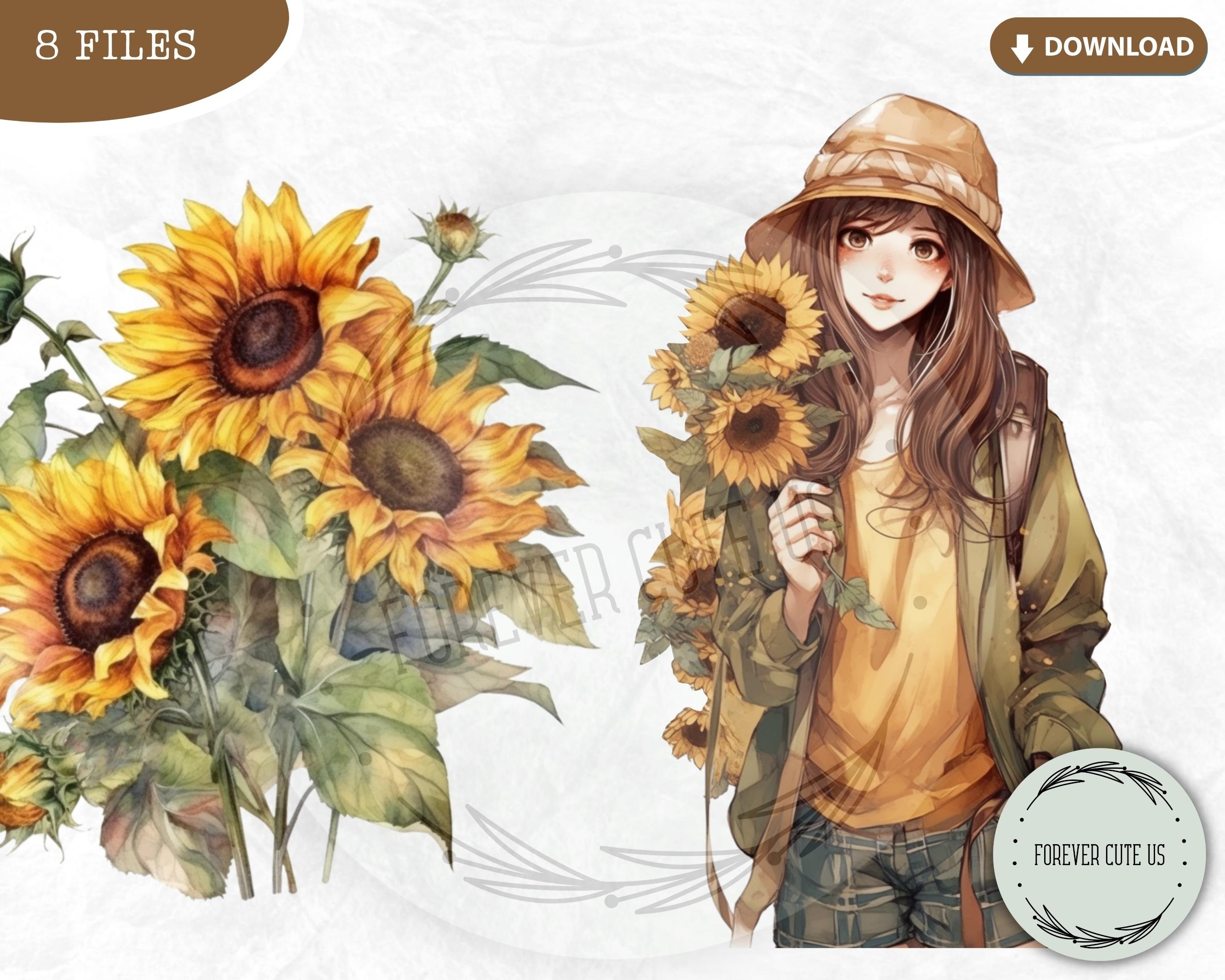 Sunflower Cottage Girl Clipart Cottagecore Summer Fall - Etsy