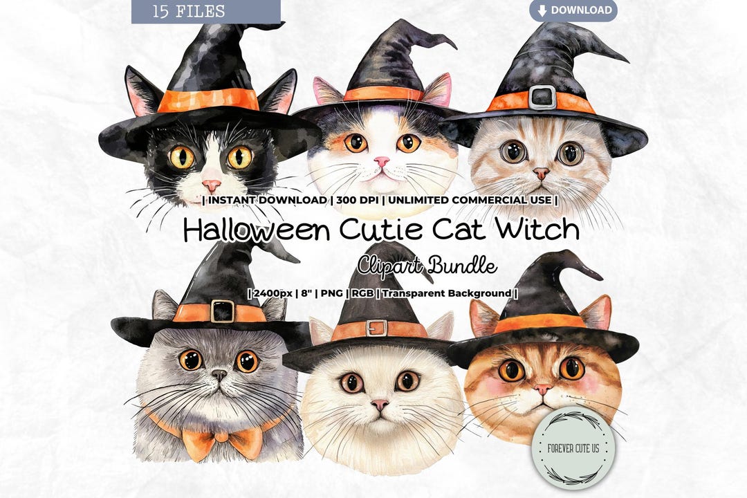 Halloween Cutie Cat Witch Clipart, Cute Kitten Witch Hat, Spooky, Black ...