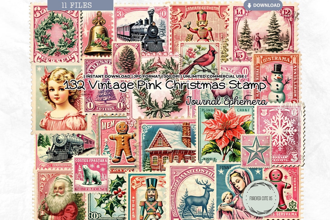 Vintage Pink Christmas Stamp Junk Journal Ephemera, Pinkmas, Pastel ...