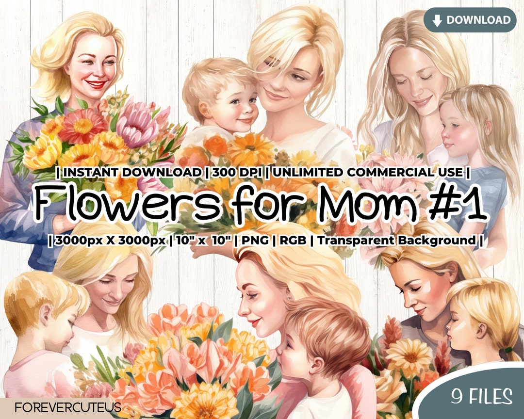 Flowers for Mom Clipart, Mother's Day Clipart, Mom and Son, Mom and ...