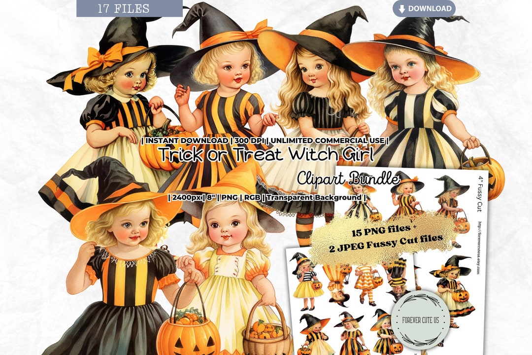 Trick or Treat Witch Girl Clipart Set, Candy Corn, Vintage, Little ...