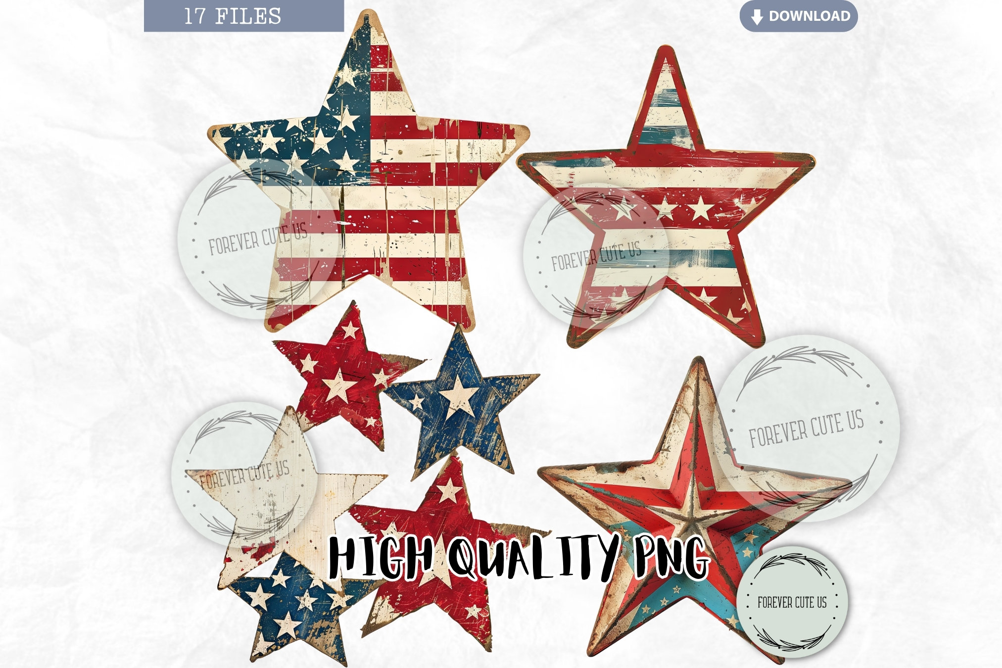 Patriotic Stars Clipart, Retro, Vintage, Distressed 4th of July, Blue ...