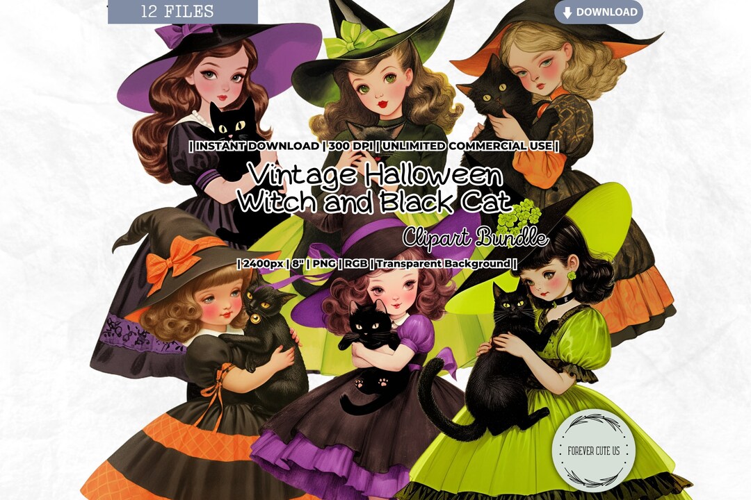 Vintage Halloween Witch and Black Cat Clipart, Retro, Oct 31, Girl ...