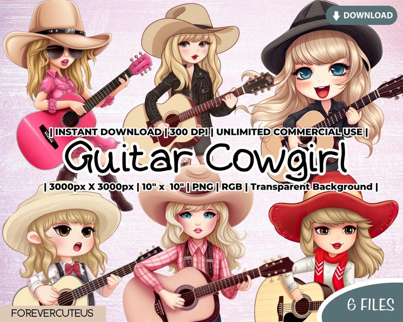 Guitar Cowgirl Clipart Bundle Cowboy Girl Clipart Country - Etsy