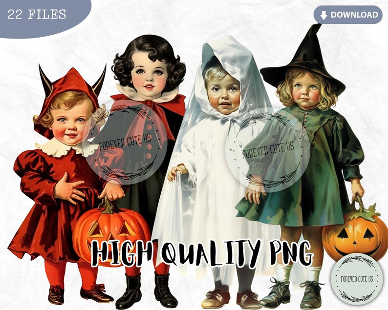 Retro Trick or Treat Clipart Bundle, Halloween, Little Girl, Boy, Ghost ...