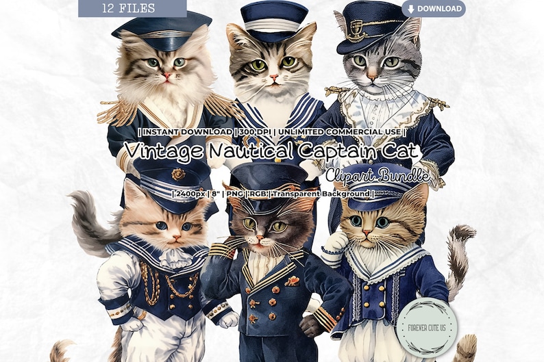 Vintage Nautical Captain Cat Clipart, Retro, Victorian, Kitten, Sailor ...